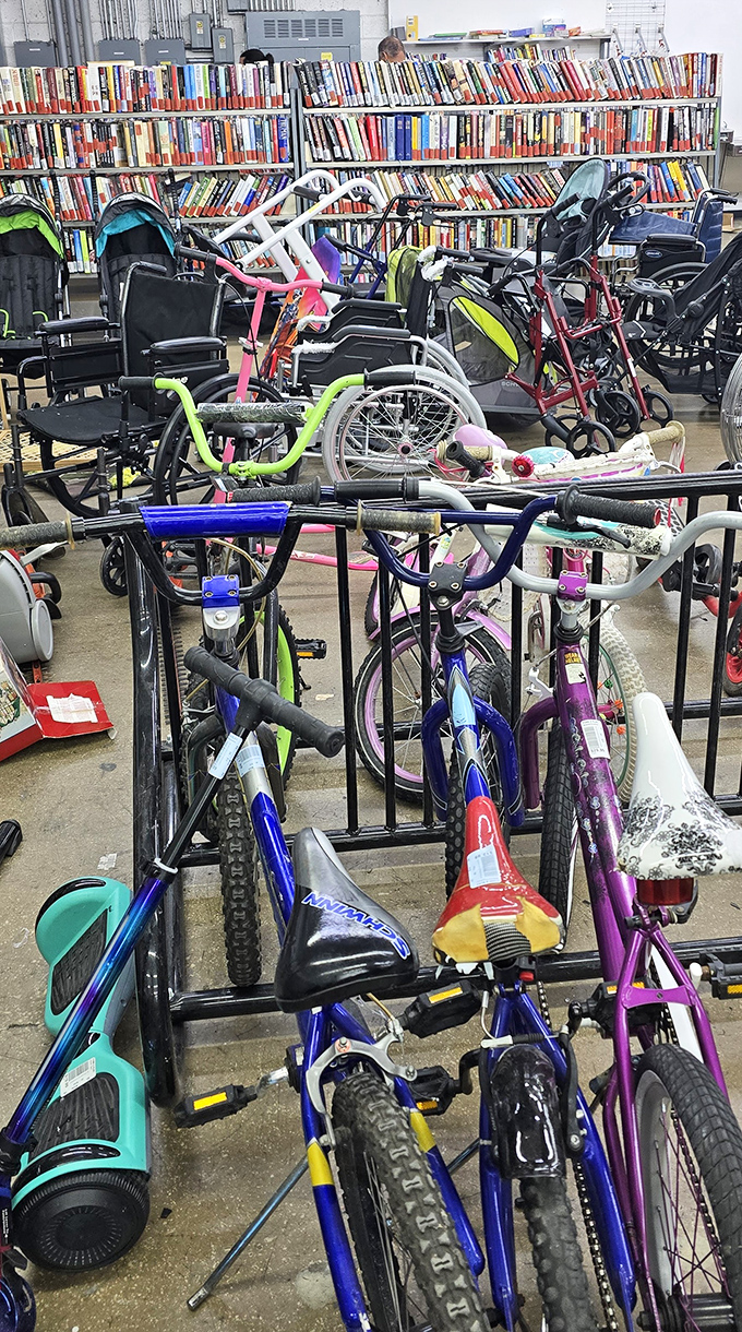 Bicycle heaven for wheel enthusiasts of all ages. From kids' first rides to mobility aids, transportation options roll in at a fraction of retail.