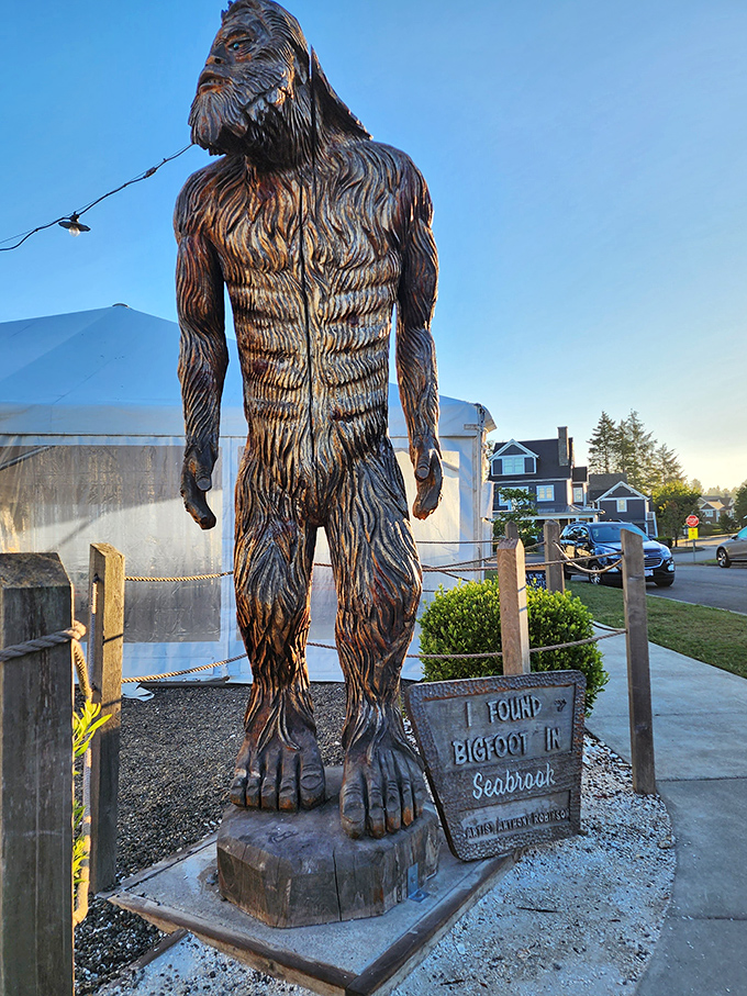 "I found Bigfoot in Seabrook" indeed! This wooden sasquatch stands guard, reminding visitors they're in the mystical Pacific Northwest, where legends roam free.