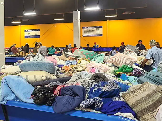 Not just clothes&mdash;these bins contain potential blankets, curtains, and fabric waiting to be reimagined. One person's discarded sheet is another's craft project goldmine.