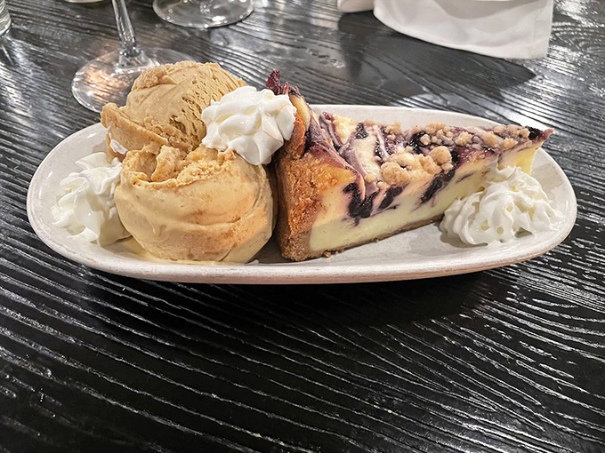 Blueberry cheesecake with ice cream&mdash;because saving room for dessert is always the right decision. The sweet finale to a savory symphony.