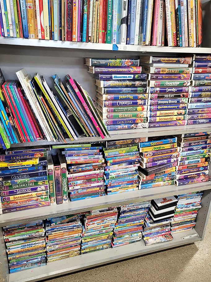 Disney VHS tapes stacked like time capsules from the '90s&mdash;nostalgia you can hold in your hands for less than a streaming subscription.