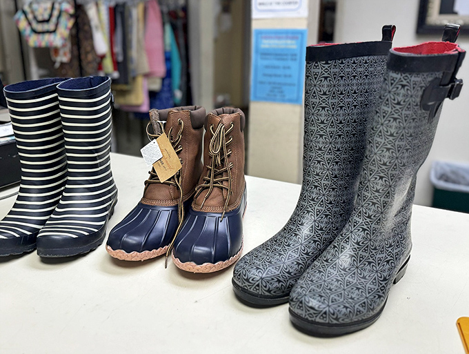 Rain boots and duck boots stand at attention, ready for their next puddle-jumping adventure with new owners.