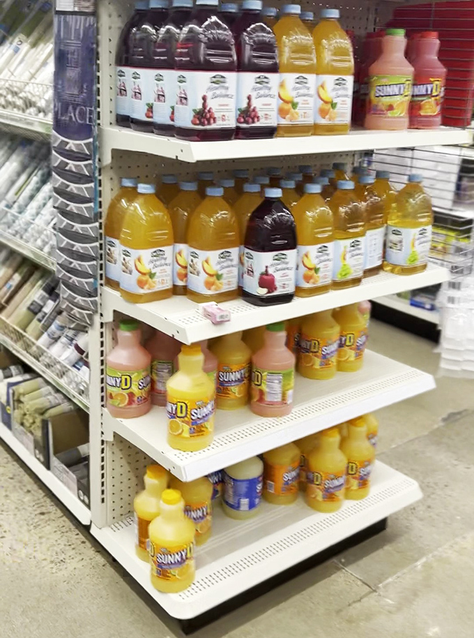 Juice bottles lined up like a refreshment army, ready to quench thirsts without liquifying your checking account.