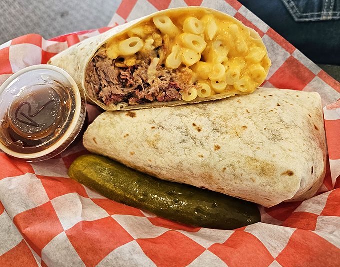 Breakfast and barbecue had a baby! This burrito stuffed with brisket and mac & cheese proves good things come in flour-wrapped packages.