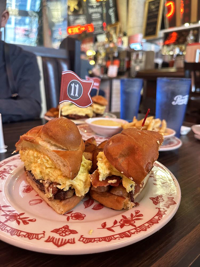 Breakfast sandwiched between pretzel buns with what appears to be egg and meat&mdash;proof that good things come to those who brunch.