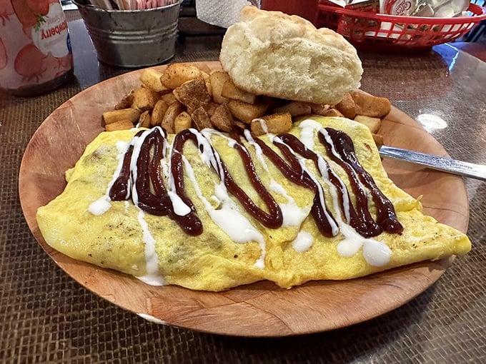 This isn't just an omelet&mdash;it's a flavor explosion draped in BBQ sauce and cream, where breakfast and lunch have a delicious identity crisis.