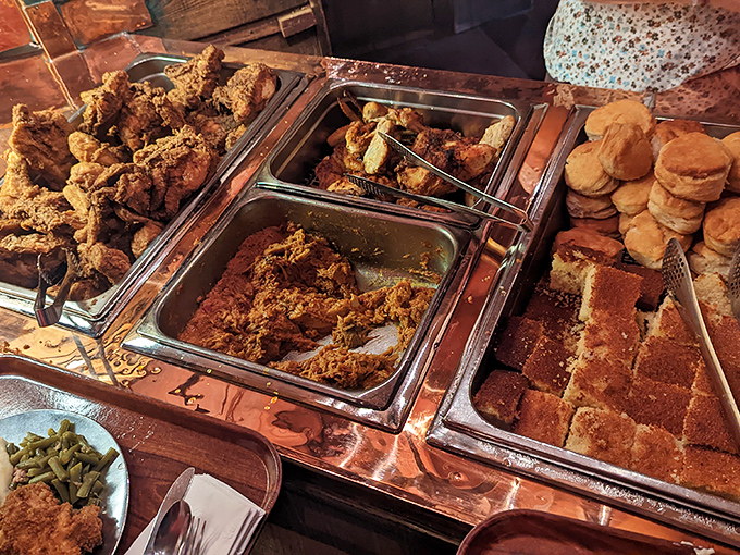 Even the buffet stations look like they're dressed for a colonial dinner party &ndash; fancy serving dishes and all.