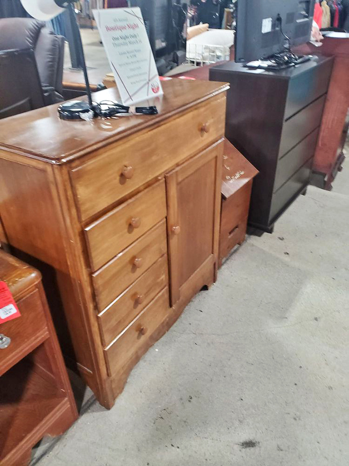 Wooden furniture with character and storage potential, ready to organize your life at a fraction of typical costs.