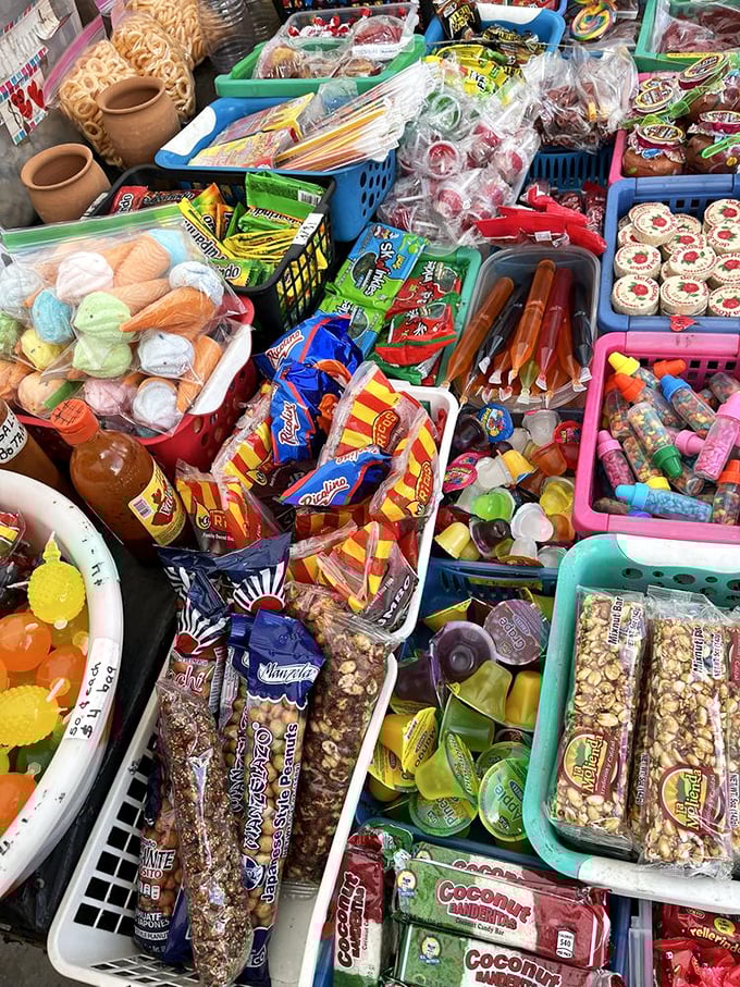 A sugar rush in technicolor &ndash; this candy vendor's display is a kaleidoscope of nostalgic treats that would make your dentist nervous and your inner child ecstatic.