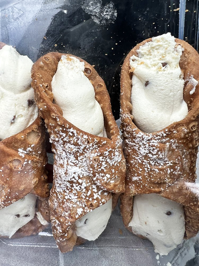 Cannoli so fresh the cream is still settling. That dusting of powdered sugar is like the final note in a perfect culinary symphony.
