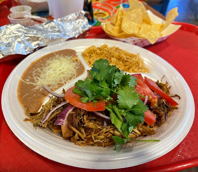 A carnitas plate that whispers, "Cancel your afternoon plans, a food coma of the most delightful kind awaits."