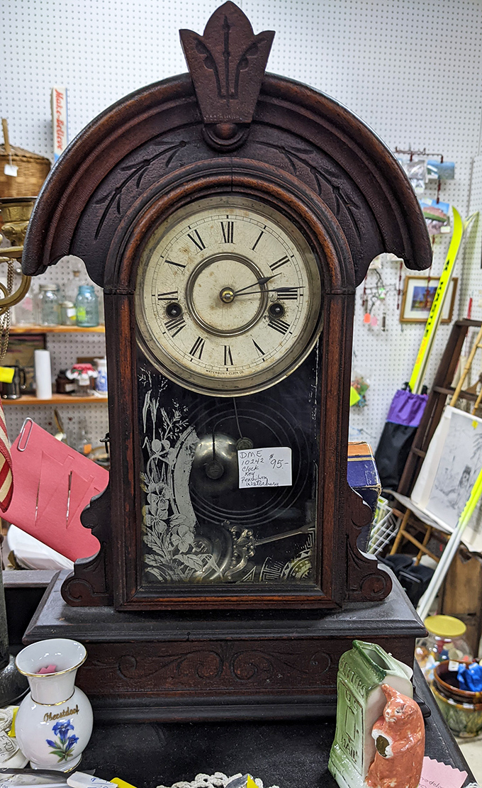 This ornate mantel clock doesn't just tell time&mdash;it tells history. The craftsmanship in that carved wood case makes today's mass-produced timepieces look positively soulless.