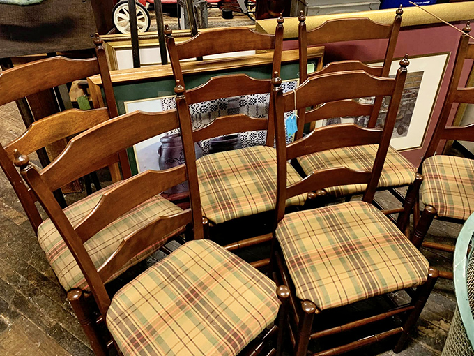 These ladder-back chairs with plaid cushions have supported countless family dinners and heard generations of dinner table debates.