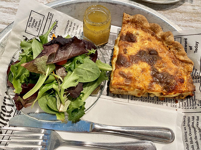 Quiche so golden and custardy it could make a Parisian bistro jealous, served with perfectly dressed greens.