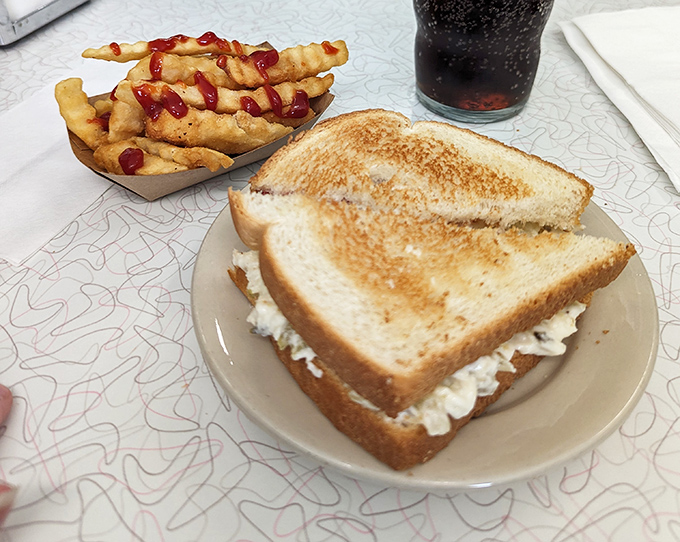 A chicken salad sandwich with fries that proves sometimes the simplest combinations are culinary masterpieces hiding in plain sight.