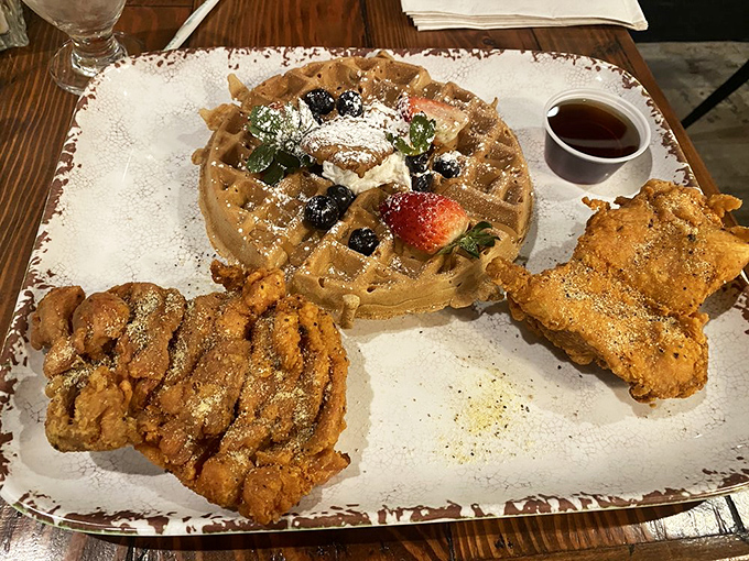 Chicken and waffles: the breakfast equivalent of a mullet&mdash;business (protein) on one side, party (waffle) on the other. Pure genius.