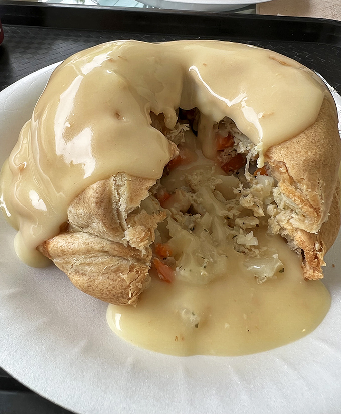 Gravy: the great pasty debate made visible. This chicken pasty swimming in savory goodness shows why some UP natives insist on this delicious addition.
