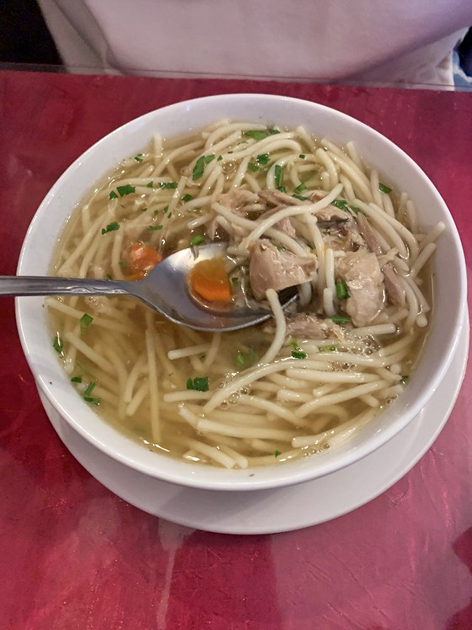 Chicken soup arrives steaming with noodles and tender meat, ready to cure whatever ails you or your weary soul.