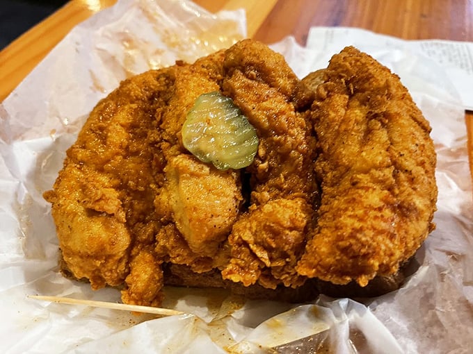 That perfect golden-brown crust with a pickle crown&mdash;even the "plain" version outshines most fried chicken in America. Some treasures don't need heat to shine.