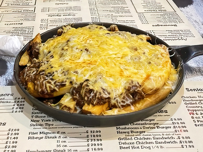 Chili cheese fries that laugh in the face of diet plans. That melted cheese blanket isn't just topping&mdash;it's tucking those fries in for the night.