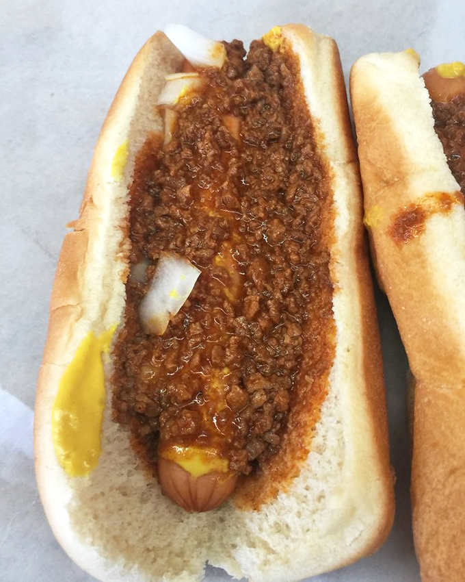 A proper Carolina chili dog that makes fancy gourmet versions seem like unnecessary showing off. Simple, messy perfection in every bite.