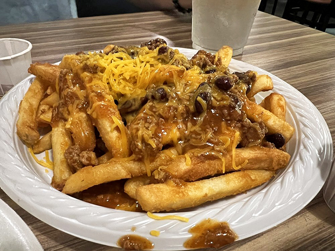 Chili cheese fries that don't pretend to be anything but what they are: a glorious, messy celebration of everything that makes America great.