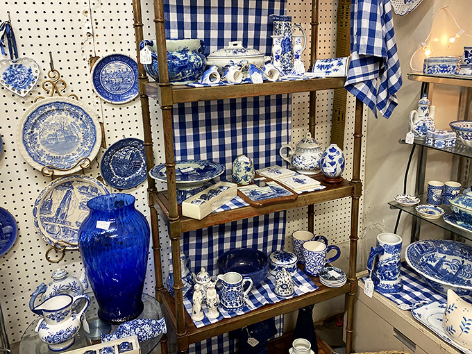 Blue and white chinaware display that would make your grandmother swoon and suddenly make you appreciate the elegance of a properly set table.