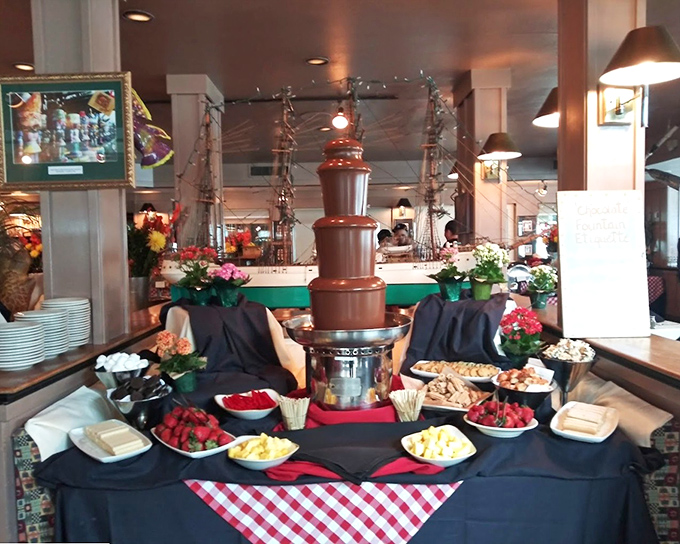 Not all waterfalls are outdoors&mdash;this chocolate cascade surrounded by fresh fruit is Mother Nature's way of saying "I'm sorry about the rain."