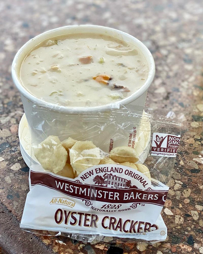 Clam chowder so comforting it's like a warm hug from the sea itself. Oyster crackers standing by for the perfect dive.