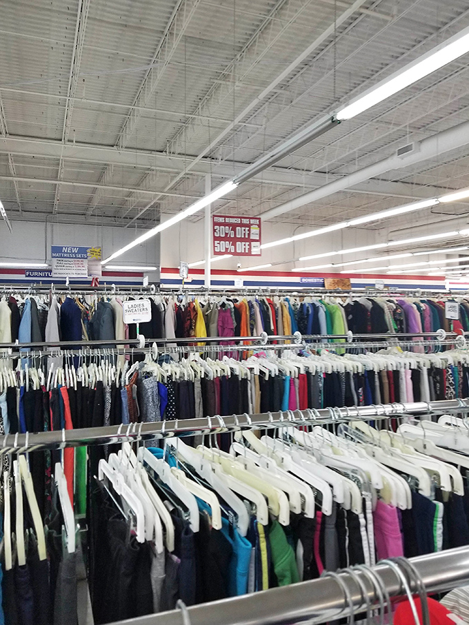 Color-coded clothing creates a textile rainbow, where patient shoppers can find their pot of gold in the form of designer labels.