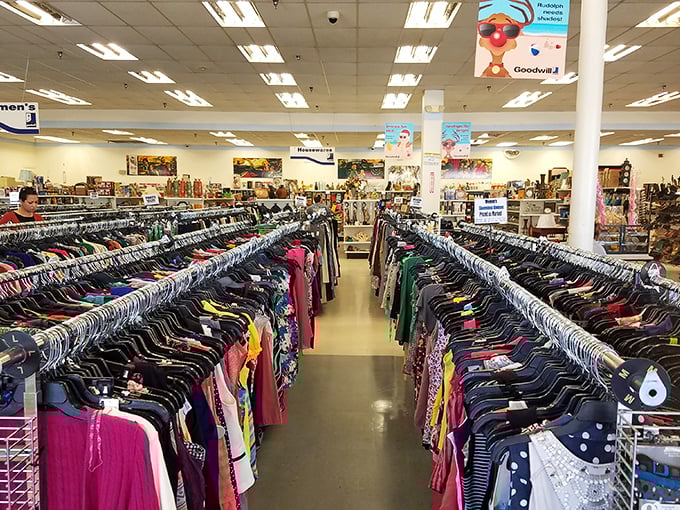 The clothing section stretches like an endless runway where fashion from every decade waits for its comeback moment.
