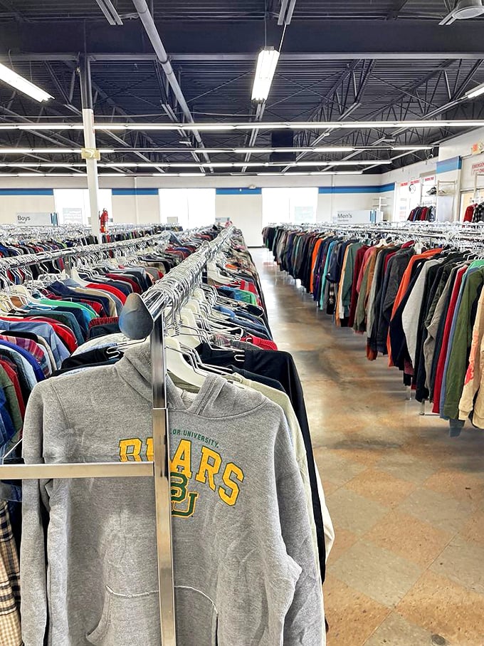 Men's clothing arranged with military precision. That Baylor hoodie might have attended more classes than its original owner.