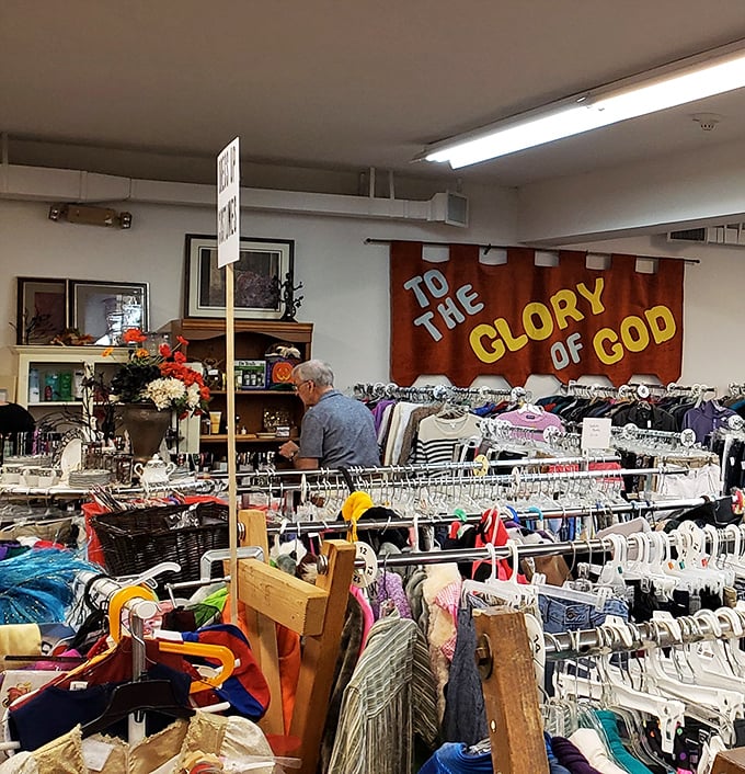 The "To The Glory of God" banner reminds shoppers that their bargain hunting also supports the Salvation Army's mission of helping those in need.
