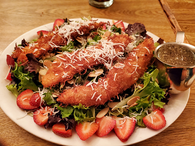 This salad has convinced more than one steak-lover to eat their greens. Those strawberries and crispy chicken strips are like the opening act for a rock concert.