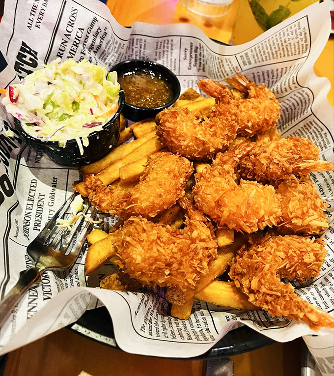 Coconut shrimp that crunch like a tropical daydream, served with fries and coleslaw that make you forget you're in California, not Key West.