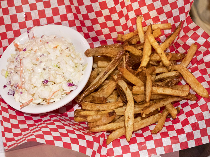 The classic BBQ duet&mdash;crisp, fresh coleslaw and hand-cut fries. One cools the palate, the other satisfies that primal craving for all things crispy.