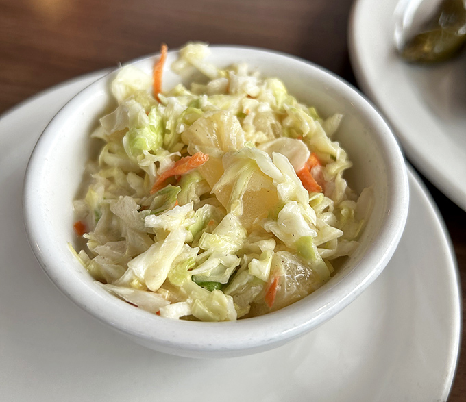 Coleslaw that doesn't know it's a side dish. Fresh, crunchy, and tangy&mdash;the unsung hero of diner cuisine deserving its own spotlight.