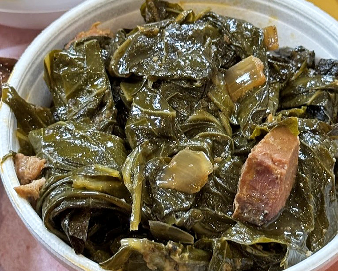 Collard greens and pork mingle like old friends catching up at a high school reunion.