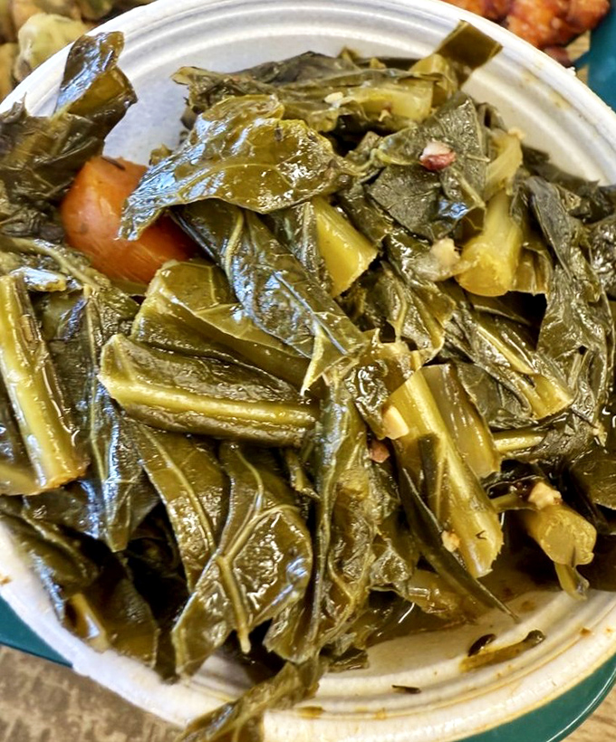 These collard greens have clearly been simmering with purpose, absorbing flavors that tell a delicious Southern story.