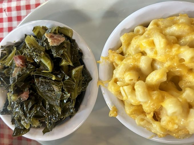 Southern sides that steal the show: collard greens cooked with respect and mac & cheese that defines comfort food.