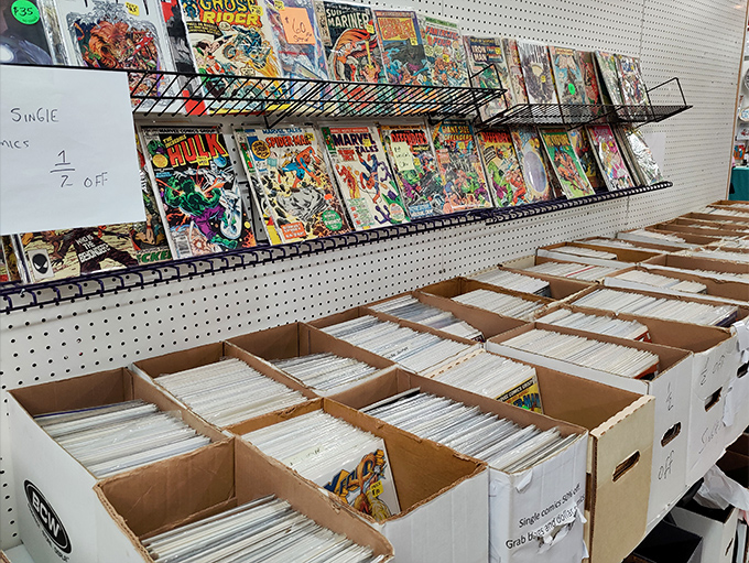 Comic book heaven where superhero adventures await, perfectly preserved behind plastic sleeves&mdash;childhood nostalgia with adult investment potential.