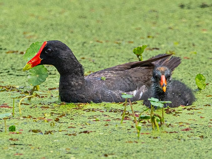 Family day at the algae buffet. This moorhen and chick prove that even in nature, kids still need supervision during mealtime.