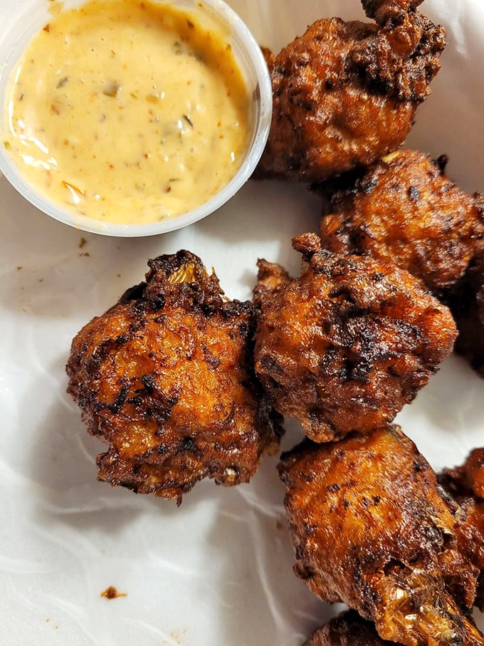 Conch fritters with a sauce that should be bottled and sold. Golden orbs of happiness that crunch then melt in your mouth.