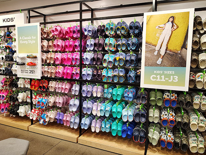 Crocs in every color imaginable line the walls like a rainbow of comfortable, polarizing footwear choices.