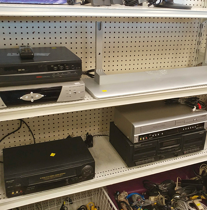 The electronics section: where yesterday's cutting-edge technology comes to find new purpose. That VCR might actually work... or become industrial art.