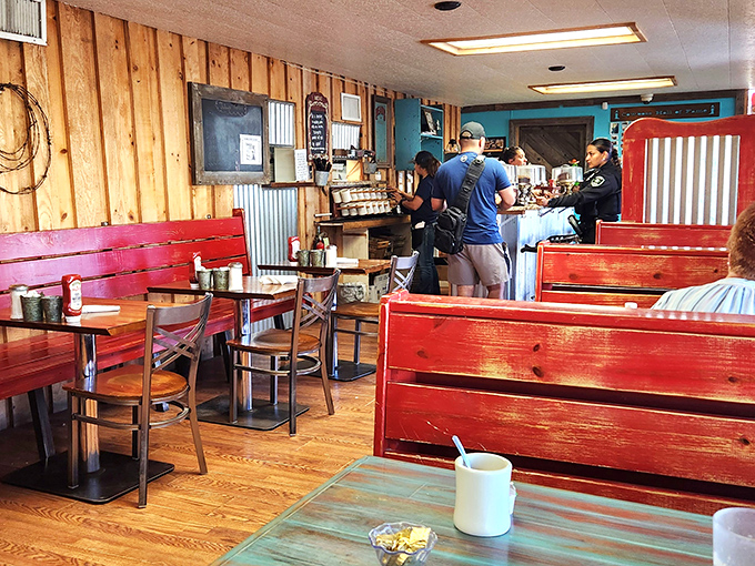 Red booths filled with locals who know exactly what to order—always a promising sign at any restaurant.