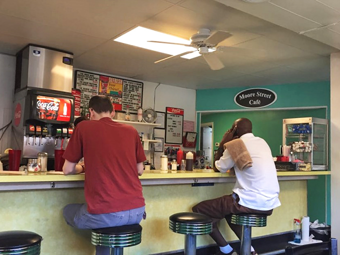 Classic chrome-topped stools at the counter offer front-row seats to watch breakfast magic happen in real time.
