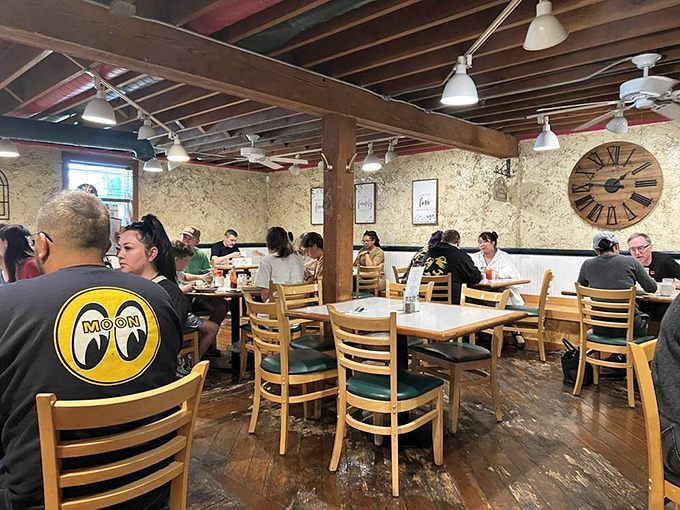 Diners gathered around wooden tables under those soaring barn beams, united in their quest for the perfect breakfast and excellent life choices.