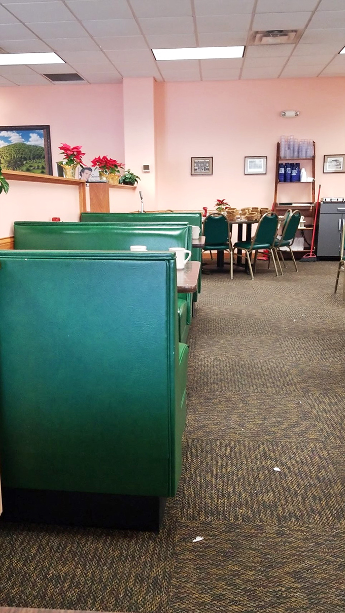 Green booths, wooden tables, and pink walls&mdash;the holy trinity of classic American diners. Add some poinsettias, and you've got the perfect backdrop for morning conversations.
