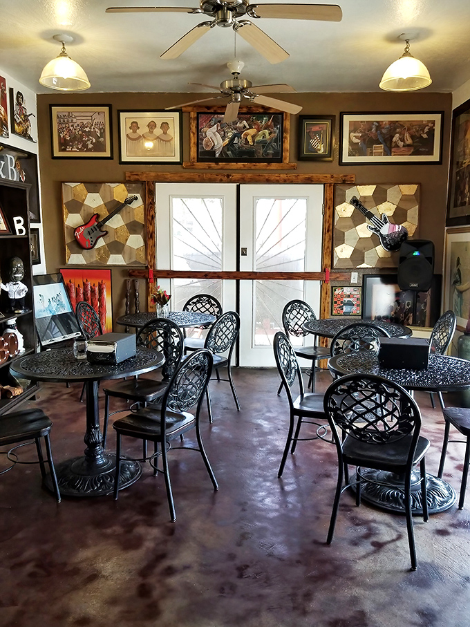 The dining area feels like the living room of that cool relative who collects music memorabilia and happens to make incredible barbecue.